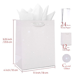 PAPER FAIR 12Pcs Embossed Crystal White Glitter Gift Bags with 24 Tissue Paper Bulk, M 9x7 Inch, Christmas Valentines Day Gift Wrap Bag, Wedding Bridal Shower Favor Bag Gift Packaging, Holiday