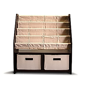 WONKAWOO Kids Sling Bookshelf Wooden Rack, 4 Levels of Canvas Slings for Large Children Books and 2 Storage Bin Boxes for Toys Organizer, Espresso Shelf with Natural Fabric Slings