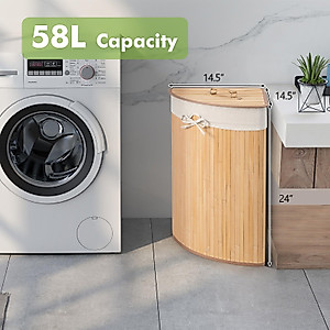 Giantex Corner Laundry Hamper with Lid, 58 L Bamboo Laundry Basket with Removable Liner & Handle, Triangle Clothes Hamper for Small Spaces, Bedroom, Bathroom, Laundry & Living Room (Natural)