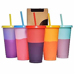 Alohastarttg 5pcs 24oz Color Changing cups Reusable Plastic Drinking cup tumbler with lid and straw Stadium cup Can be used for Summer parties and Gift cups, set of5