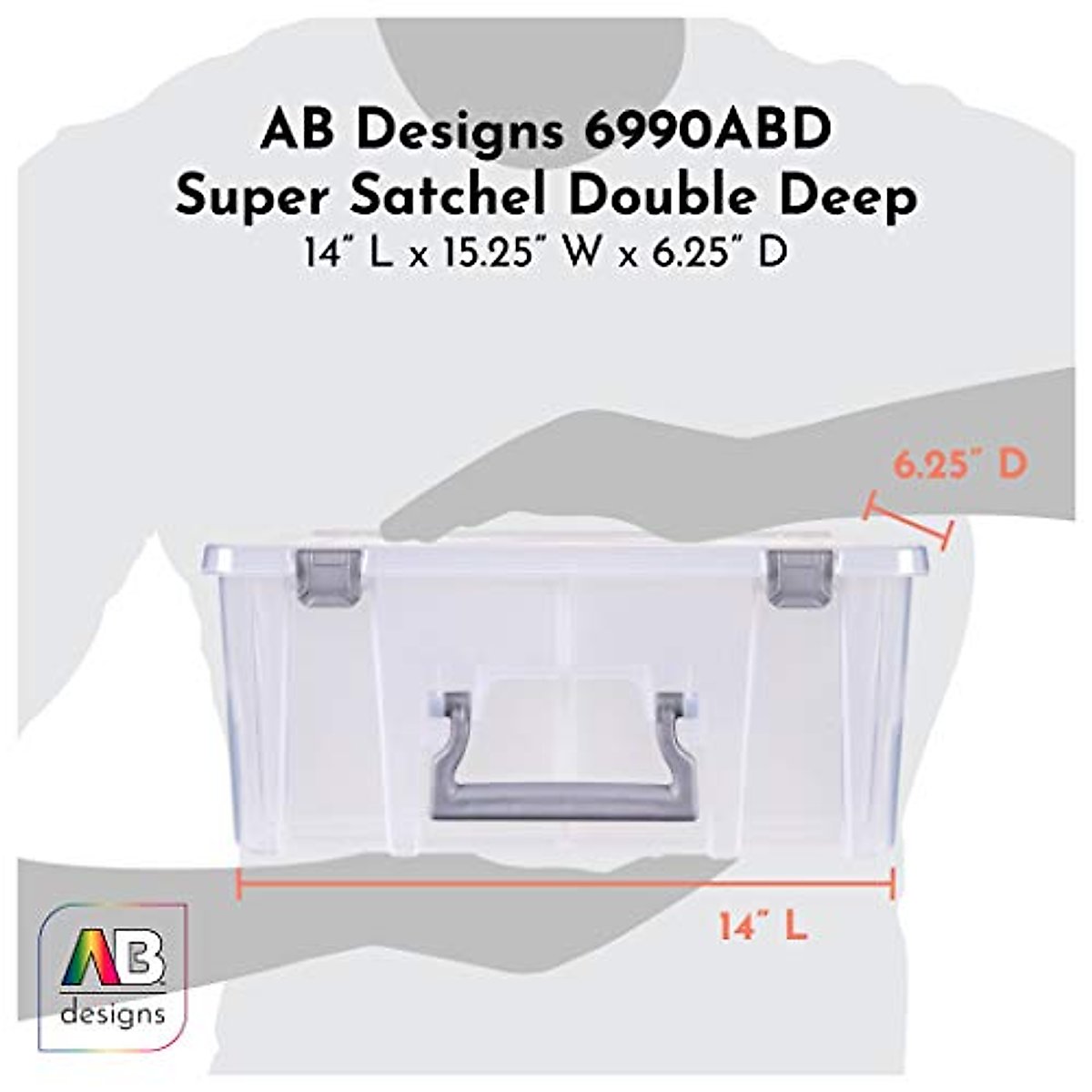 AB Designs 6990ABD Super Satchel Double Deep with Removable Dividers, Stackable Home Storage Organization Container, Clear with Sliver Latches and Handle