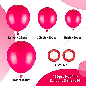 130pcs Hot Pink Balloons Garlands Kit, 18" 12" 10" 5" Different Sizes Pack Pink Latex Balloon Arch for Birthday Baby Shower Wedding Gender Reveal Party Decorations(With 2 Ribbons)