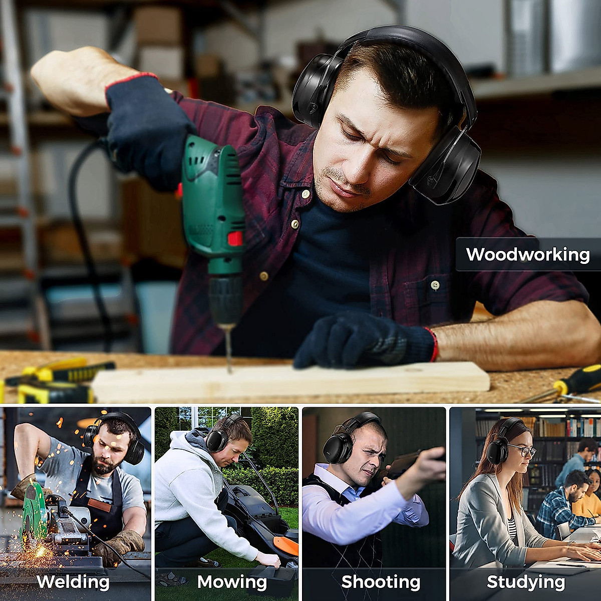 Ear Protection Safety Ear Muffs, NRR 28dB Safety Earmuffs for Hearing Protection, with Padded Headband, Compact Foldable Ear Defenders for Shooting, Hunting, Mowing, Construction, with Carrying Bag