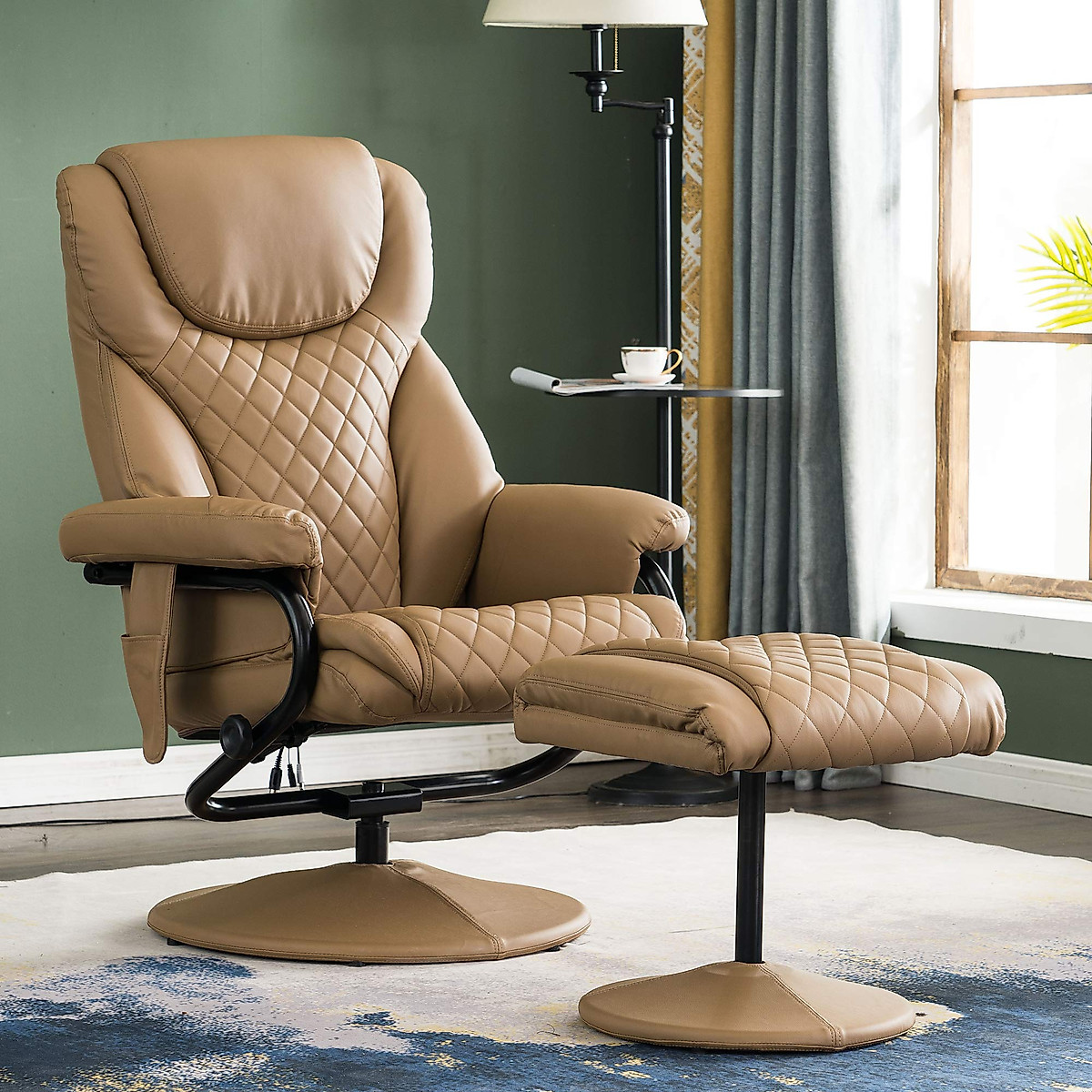 MCombo Recliner with Ottoman, Reclining Chair with Massage, 360 Swivel Living Room Chair Faux Leather, 4901 (Cognac)