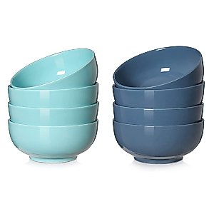 DOWAN 22 Ounces Porcelain Cereal Bowls, Soup Bowls, Bowl Set of 4,Sturdy and Stackable, Dishwasher Microwave Safe, White Bowls for Rice Pasta Salad Oatmeal, Turquoise & AIRY BLUE