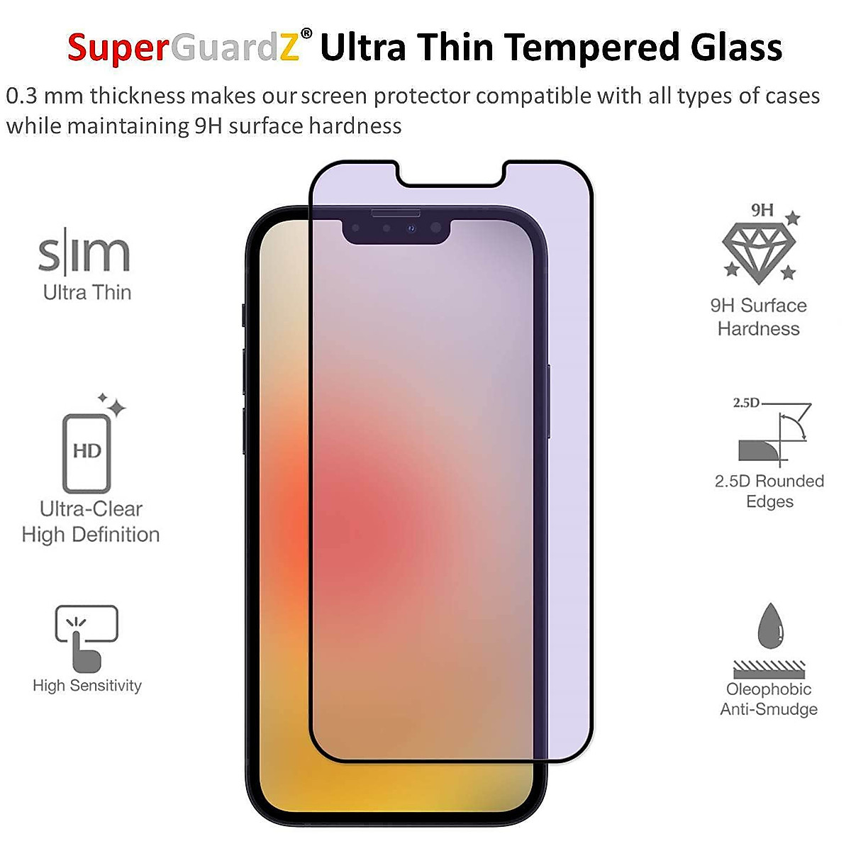 For iPhone 13 Mini Screen Protector Anti Blue Light Tempered Glass, Eye Protection, SuperGuardZ, 9H, 0.3mm, Anti-Scratch, Anti-Bubble