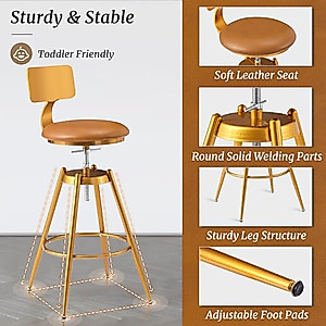 Cozyman Industrial Swivel Bar Stool Set of 4, 26"-32" Adjustable Counter Height Bar Stool with Back for Kitchen Island, Vintage Farmhouse Faux Leather Barstool with Golden Metal Legs, Whiskey Brown