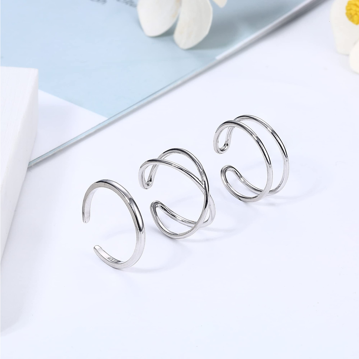 PATISORNA 3Pcs 925 Sterling Silver Open Adjustable Rings for Women Men Minimalist X Cross Arrow Heart Moon&Star Paperclip Rings Stackable Thumb Knuckle Simple Rings Set Size 6-9