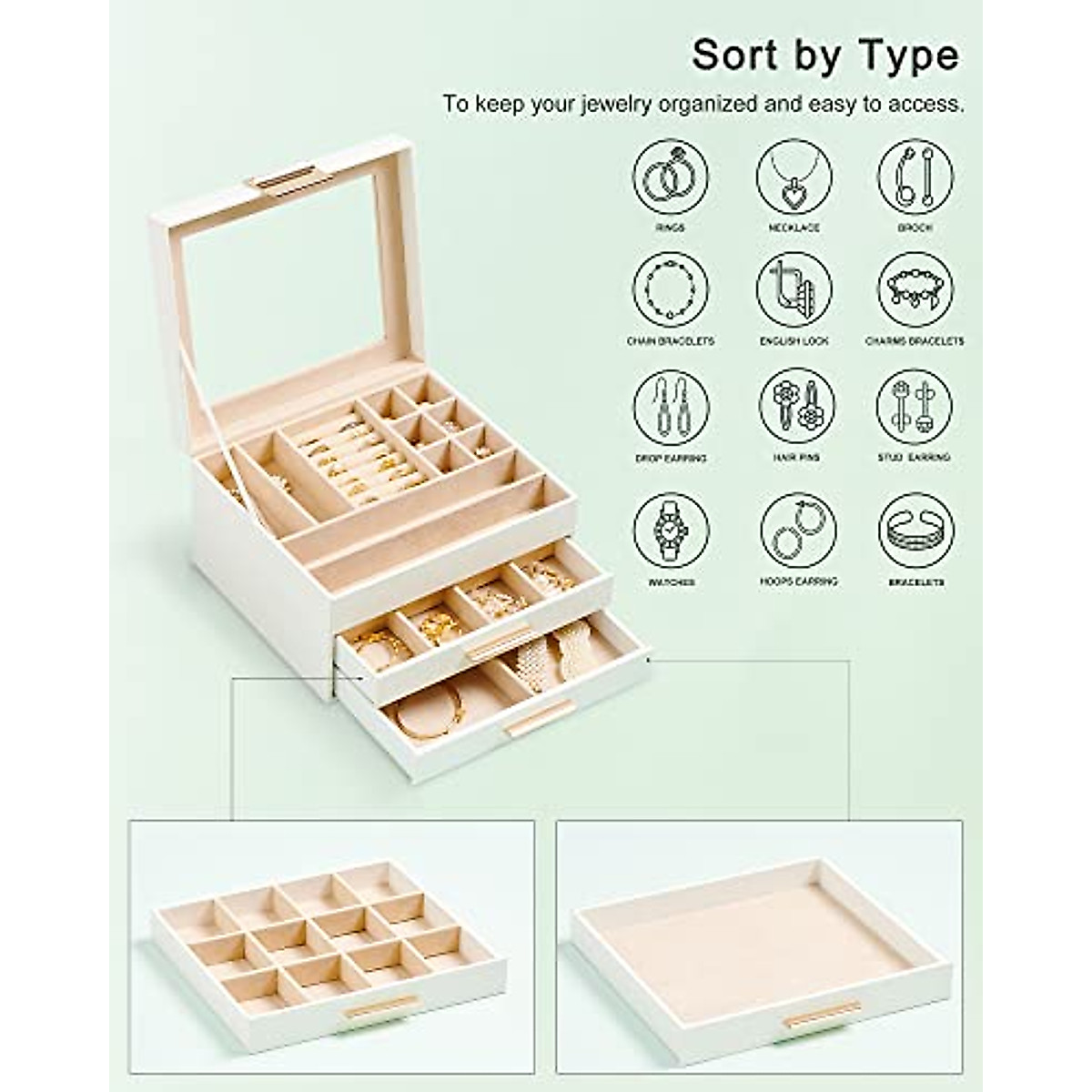 MILONT 3-Layer Jewelry Box for Women - PU Leather Jewelry Organizer with Clear Top - Perfect Jewelry Storage for Rings, Earrings, Necklaces, and Bracelets - Classy Ivory White