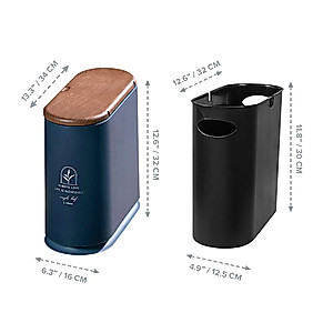 3.2Gal/12.1L Oval Slim Trash Can - Nordic Style Garbage Can with Lid - Blue Plastic Trash Can w/ Press Top Wood Grain Lid - Space Saving Kitchen Trash Can w/ Double Barrel Removable Plastic Bin Liner