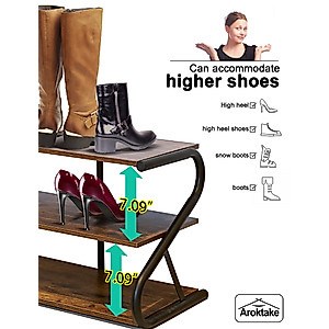 Aroktake 3-Tier Shoe Rack, Z-Frame Wooden Shoe Shelf with Durable Metal Shelves for Hallway, Living Room, Closet, Bedroom (Rustic)
