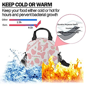 Fashion Insulation Strawberry Lunch Bag with Shoulder Strap Durable Pink Cow Print Lunch Box Waterproof Lunch Tote Bag with Pockets for Girl Women