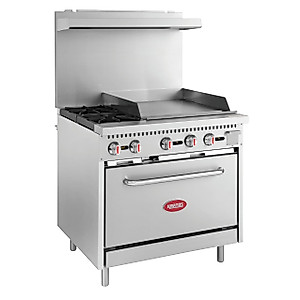 Kratos 36" Wide Commercial Gas Range with 24" Griddle, 2 Burners, and Full Size Oven, Stainless Steel Range for Restaurants, 130,000 BTU, Liquid Propane (29Y-047-LP)