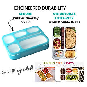 kinsho Bento Lunch-Box for Adults Kids Lunches, Portion Control Container Boxes for Women Girls Boys | Leak-proof Snack Containers, BPA-Free Utensils | Blue, Green, 5 Compartments