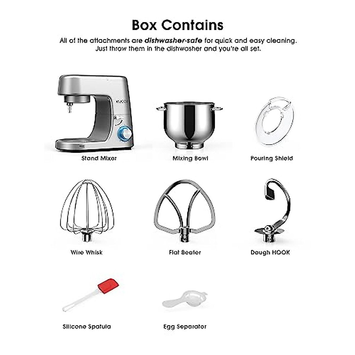 KUCCU Stand Mixer, 8.5 Qt 660W, 6-Speed Tilt-Head Food Dough Mixer, Electric Kitchen Mixer with Dough Hook, Flat Beater & Wire Whisk, Mixing Bowl (8.5-QT, Silver)