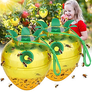Wasp Traps Outdoor Hanging, Yellow Jacket Wasp Catcher for Trapping Hornet, Non-Toxic Reusable Wasp Catcher for Outdoors Trapping Wasp, Wasp Trap Solar Power Outdoor with LED Light, 2PC-Yellow