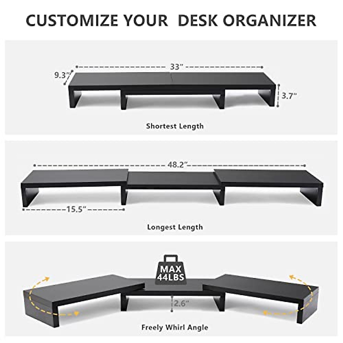 Dual Monitor Stand Riser Office Desktop Organizer Stands for 2 Monitors Length and Angle Adjustable 3 Shelf, Extra Long Multifunctional Stand fit Computer, Laptop, PC, TV, Max 48.2" Length, Black