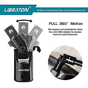 LIBRATON Socket Extension Set, Ratchet Extension Set, Extension Set 18PCs, Impact Extension Set, Socket Adapters, Swivel Sockets, Professional Drive Socket Accessories, 1/4 3/8 1/2