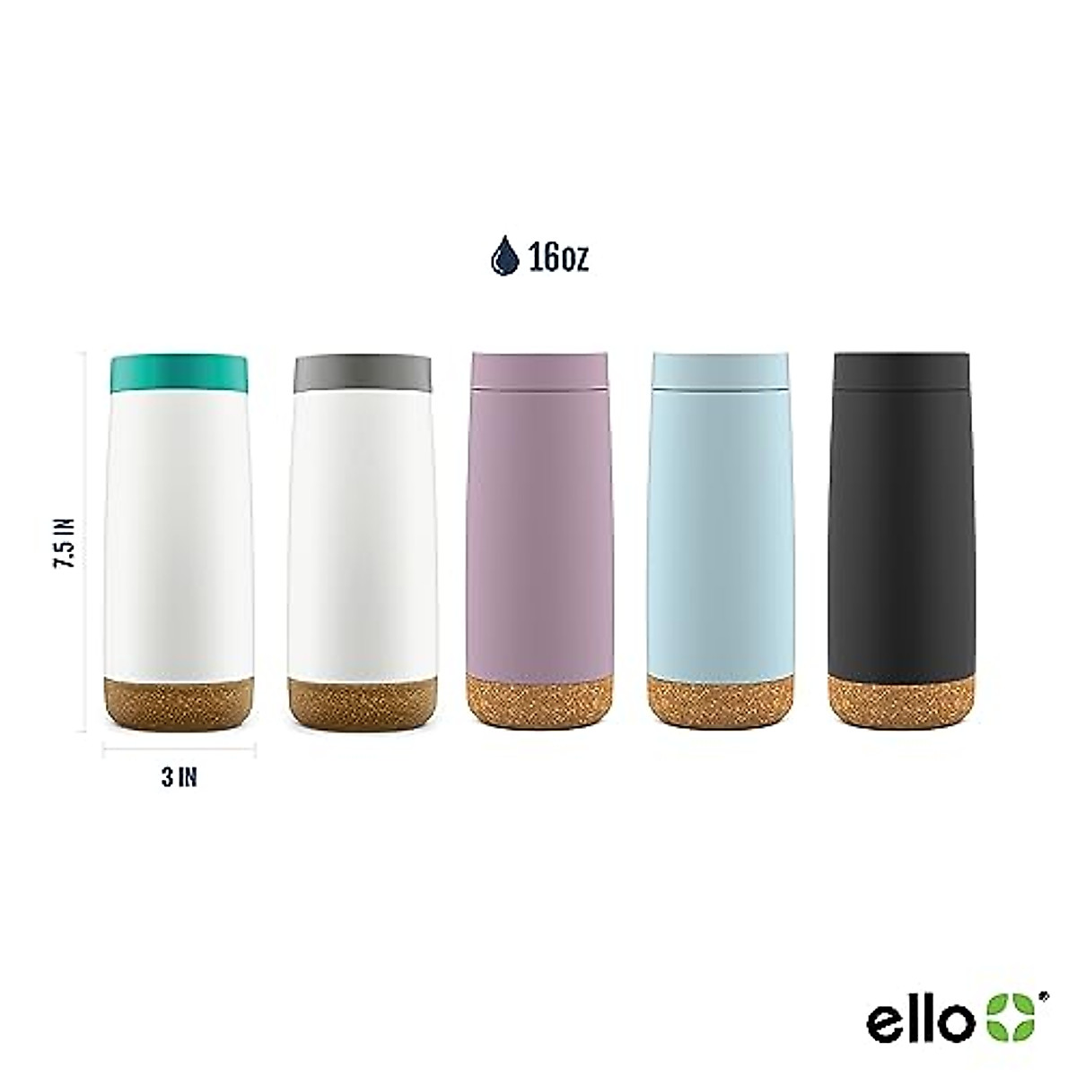 Ello Cole 16oz Vacuum Insulated Travel Coffee Mug with Leak-Proof Slider Lid and Built-in Coaster, Keeps Hot for 5 Hours, Perfect for Coffee or Tea, BPA-Free Tumbler, Black