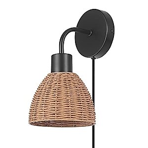 Globe Electric Briar 1-Light Plug-in or Hardwire Wall Sconce, Matte Black, Rattan Shade, 6ft Black Braided Fabric Designer Cord, in-Line On/Off Rocker Switch, Bulb Not Included