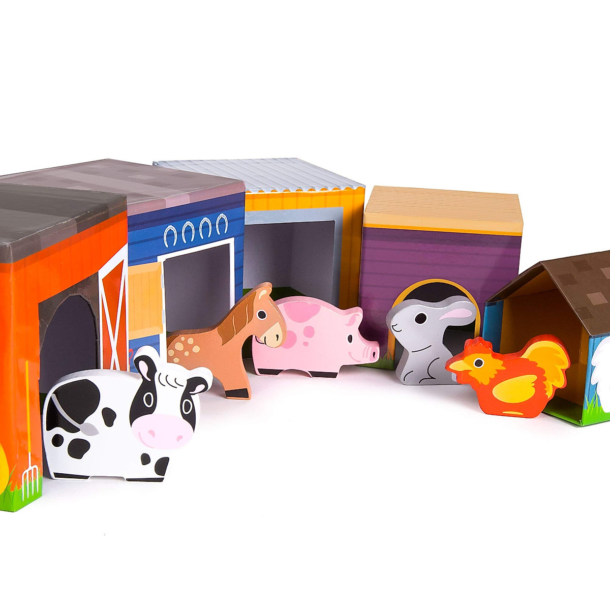 Friendly Farm Match 'n Stack Nesting Blocks | 5 Barnyard Pals & Stackable Home Boxes | Wooden Animals Fit into Colorful Cube Shapes | Includes Chicken, Cow, Pig, Horse, and Rabbit | Classic Kids Toy
