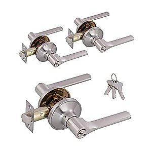 GITRANG (3 Pack) Door Levers Interior Keyed Alike Entry Front/Bedroom Door Handles for Left and Right Opened Door with Lock and Keys Set in Satin Nickel