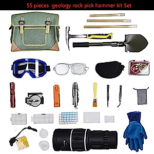55 pieces geology rock pick hammer kit Set,for Hounding,Gold Mining & Prospecting Equipment,including an all Steel with Pointed Tip,3-Pieces Heavy Duty Chisel SetWait xxttww-00897790-000