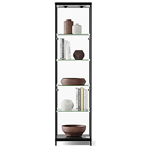 Displays2go Glass Showcase Towers, Tempered Glass Shelves, LED Lighting – Clear, Black (LESC5578BK)