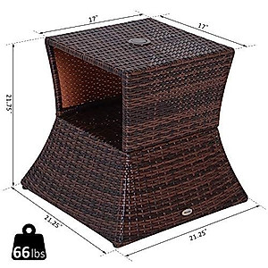 Outsunny Rattan Wicker Side Table with Umbrella Hole, 2 Tier Storage Shelf for All Weather for Outdoor, Patio, Garden, Backyard, Mixed Grey