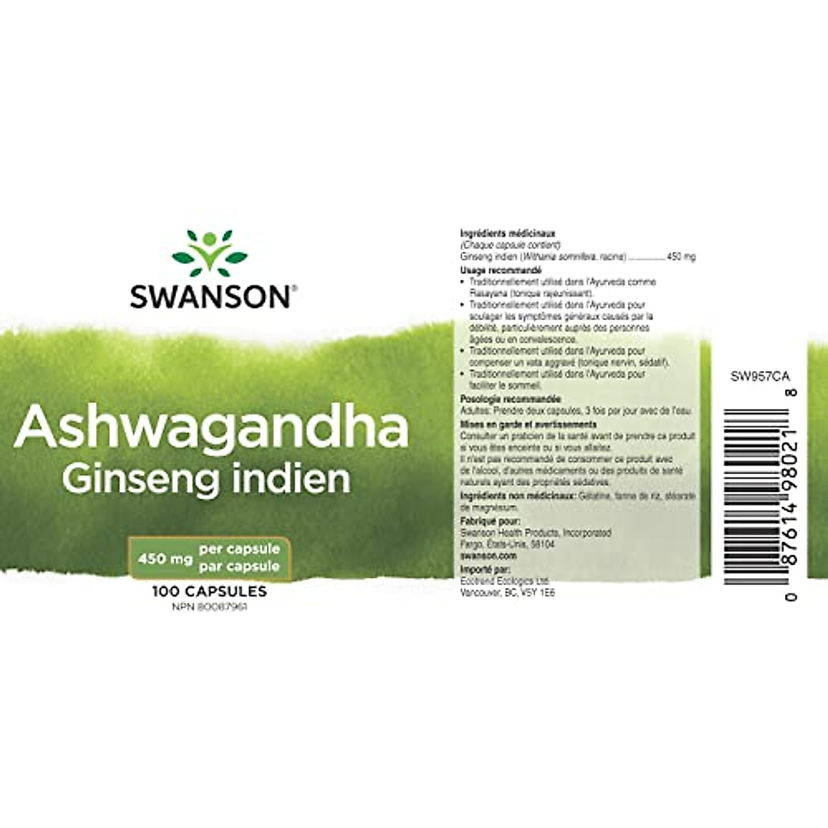 Swanson Ashwagandha Powder Supplement-Ashwagandha Root & Aerial Parts Supplement Promoting Stress Relief & Energy Support-Ayurvedic Supplement for Natural Wellness (100 Capsules, 450mg Each)