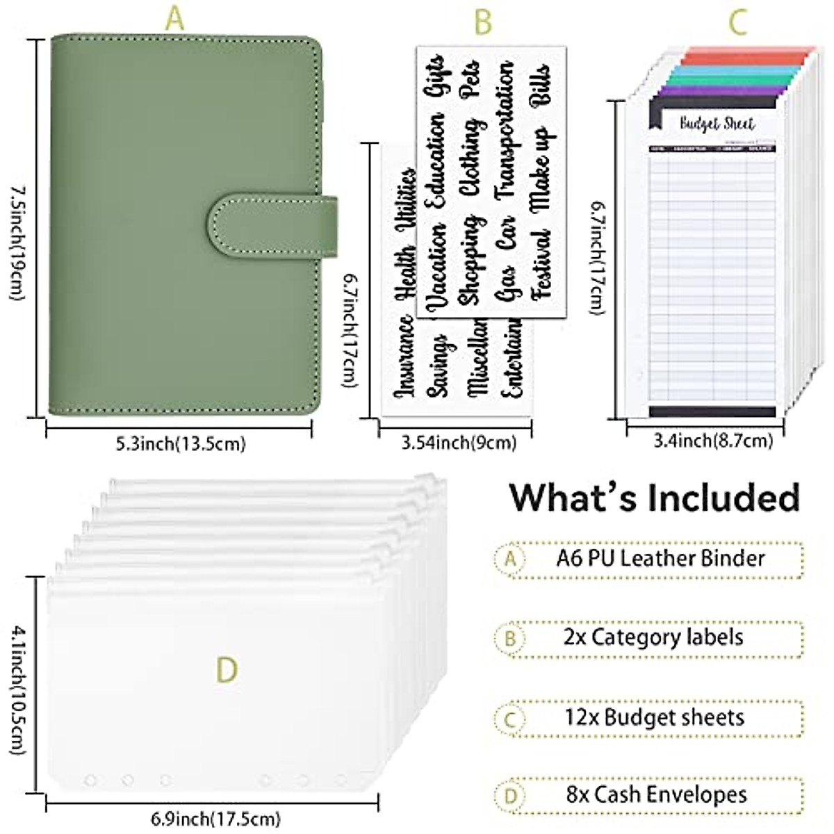 Budget Binder with Zipper Envelopes,Cash Envelopes for Budgeting, Money Organizer for Cash, A6 Budget Binder with 8pcs Cash envelopes, 12pcs Expense Trackers, 23pcs Label Stickers
