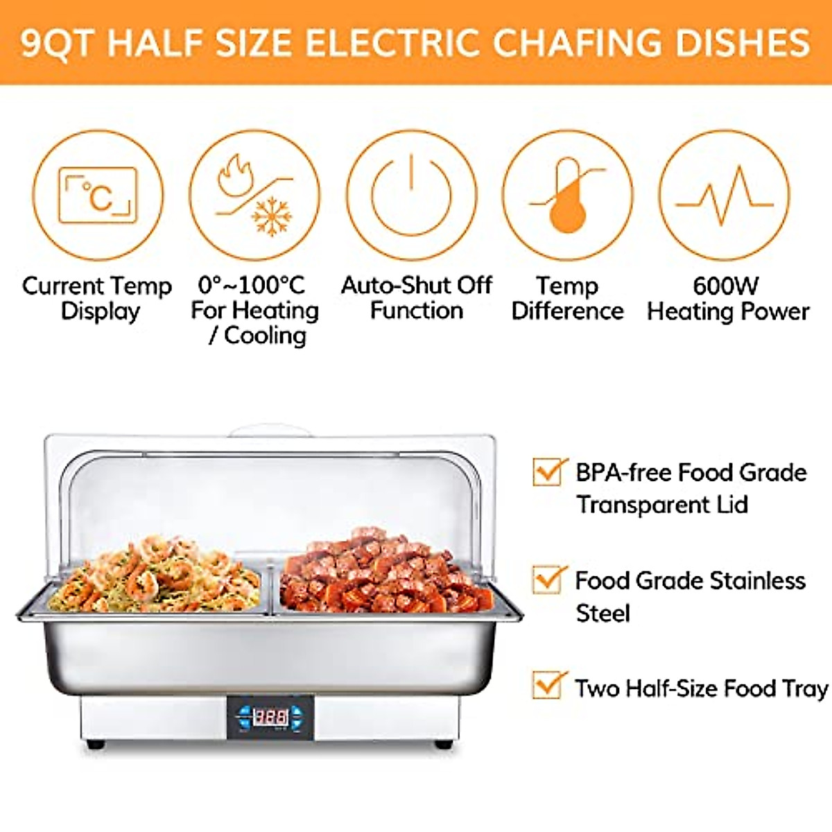 Electric Chafing Dish 9 QT Adjustable 0°C~100°C Roll Top Half Size Auto ShutOff Stainless Steel Buffet Servers and Warmers, Temp Display Programmable Food Warmer Transparent Lid Chafers for Catering