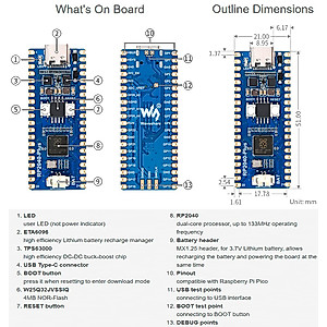 waveshare RP2040-Plus Board with Pre-Soldered Header, Pico-Like MCU Board Based on Raspberry Pi RP2040, Dual-Core Arm Cortex M0+ Processor Onboard 4MB Flash,USB-C Connector,Recharge Header,etc