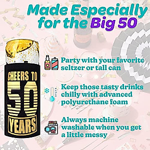 Thin Seltzer Can Cooler 12 Pack, Happy 50th Birthday Party Decorations for Men, Insulated Sleeves Dad's Birthday Decorations & Party Favors, 50th Birthday Gifts for Men, Black & Gold