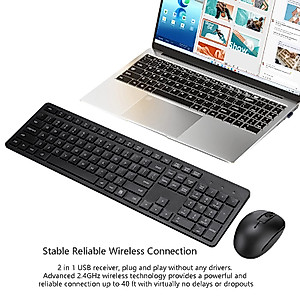 Wireless Keyboard and Mouse Combo, 2.4G Silent Cordless Keyboard Mouse Combo for Windows Chrome Laptop Computer PC Desktop, 106 Keys Full Size with Number Pad, 1600 DPI Optical Mouse (Black)