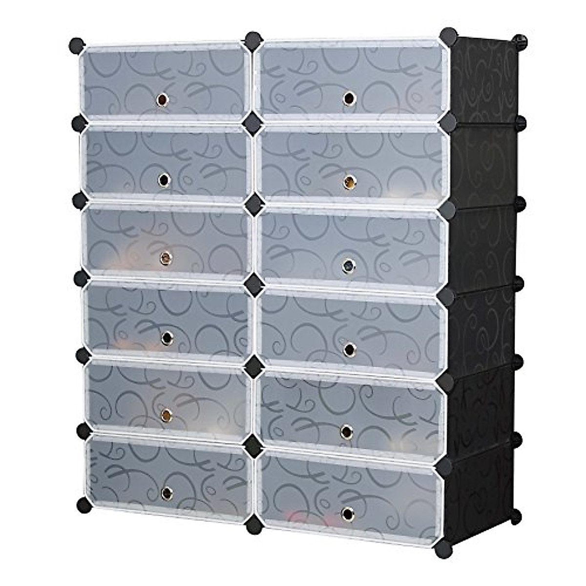UNICOO - Multi Use DIY Plastic 12 Cube Shoe Rack,Organizer, Bookcase, Shoes Cabinet (2×6, Black with White Doors)