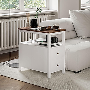 HOMCOM Modern End Table with Charging Station and USB Ports, Narrow Side Table with Drawers & Shelf for Living Room, White