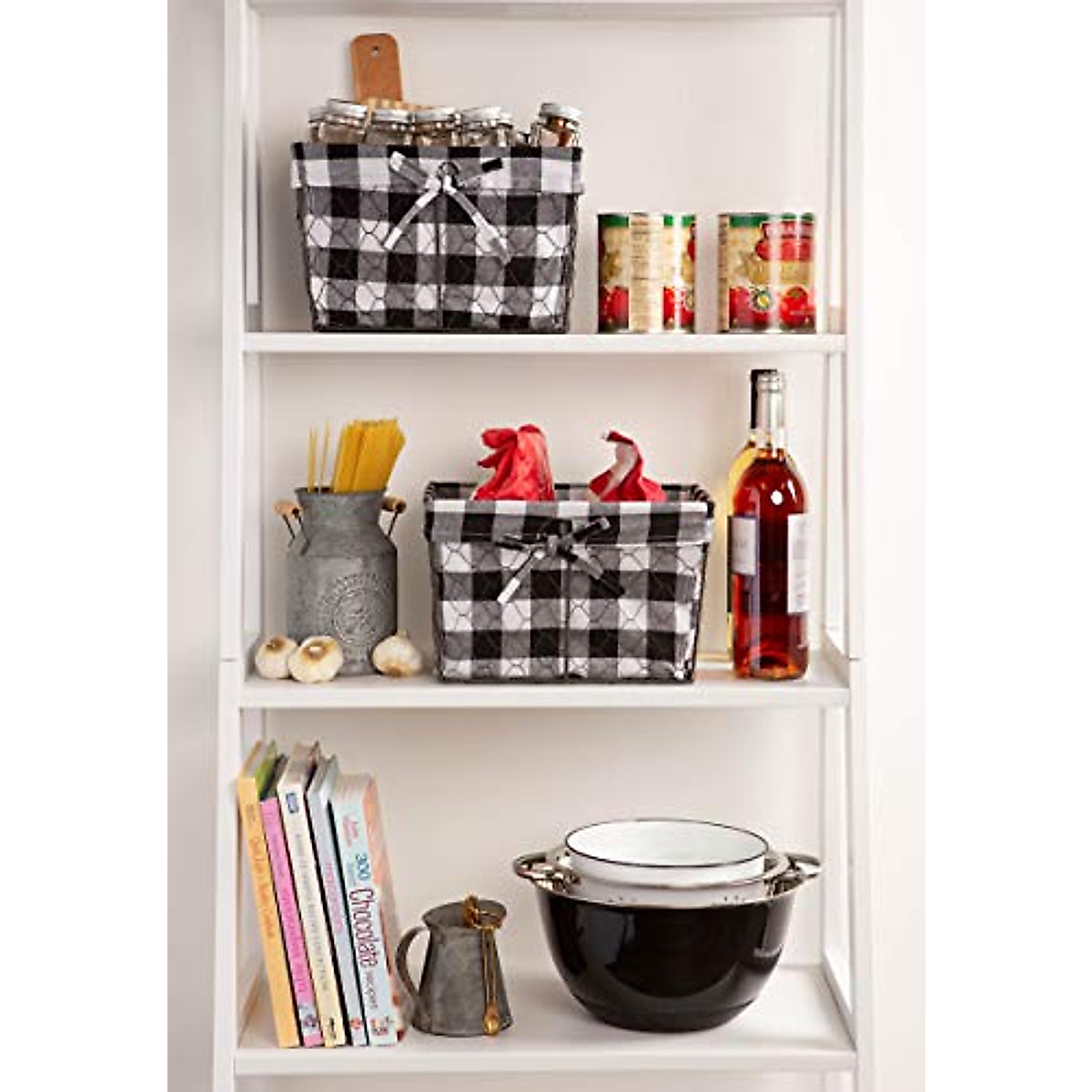 DII Farmhouse Chicken Wire Storage Baskets with Liner, Medium, Vintage Black & White Check, 11x7.88x7", 2 Piece