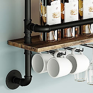 MAIKAILUN Wine Rack Wall Mounted with 4 Stem Glass Holder, Industrial Bar Shelves 34in Metal Hanging Stemware Mugs Rack, Floating Pipe Shelf, Living Room Kitchen Decor Display Wood Rack Black