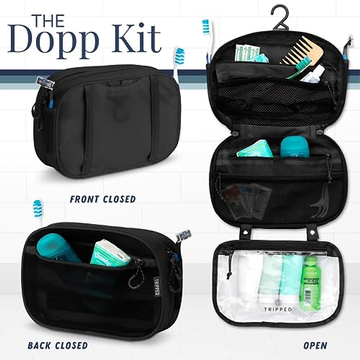 Toiletry Bag Kit Set: Hanging Travel Toiletry Bag + 311 TSA Cosmetic Liquid Bag + Ultralight Accessory Organizer Pouch (Black Ripstop)
