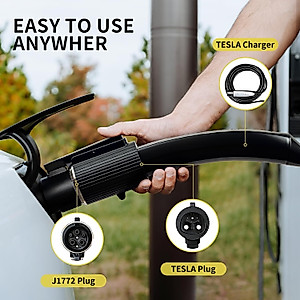 J1772 for Tesla Charger Adapter EVs Charging Adapter, Max 60 Amp & 250V, Waterproof, Security Lock- Suitable for Tesla Charger with Mobile Connector, Wall Connector