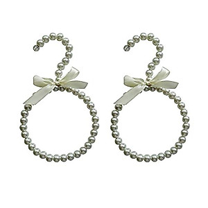 ROOS 2 Pcs Round Plastic Pearl Beaded Clothes Hangers Ribbon Bowknot Towel Rack Scarf Hanger Wardrobe Tie Hanger (White)