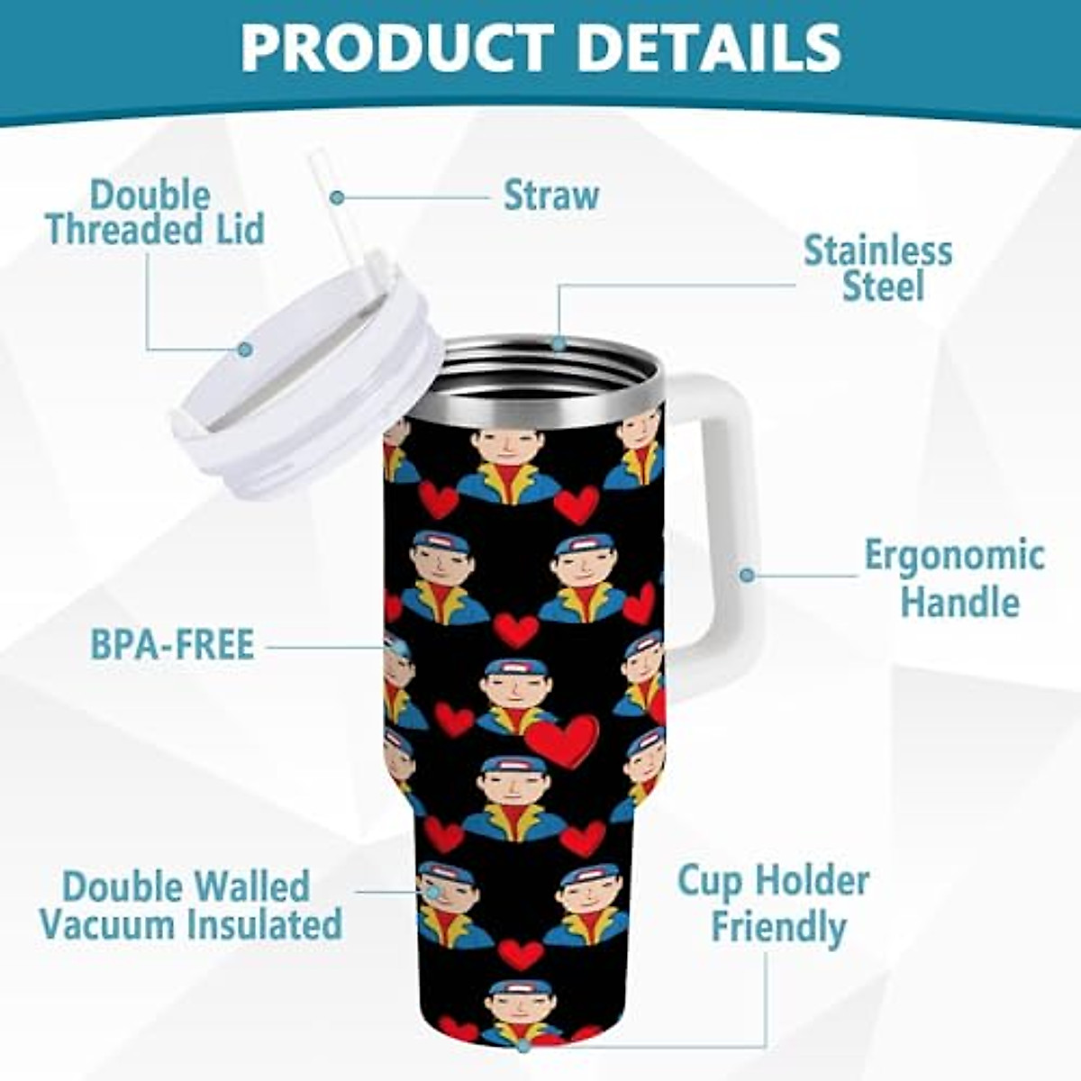 RPLIFE Cute Boy Hearts Black 40 Oz Tumbler with Handle, Stainless Steel Coffee Cup, Insulated Coffee Tumbler