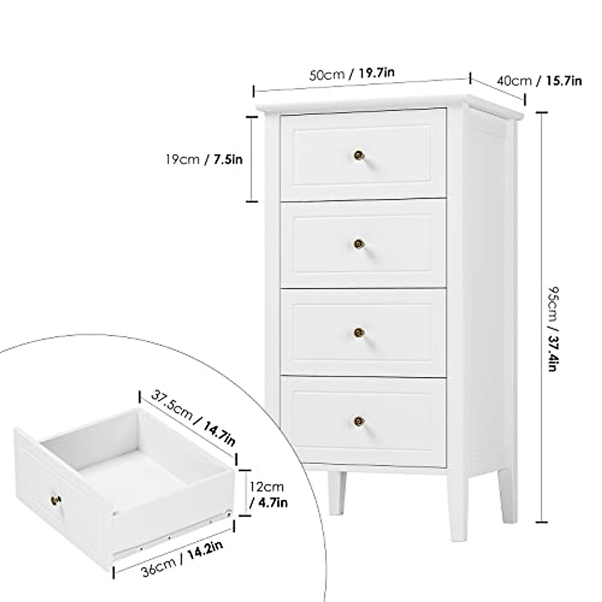 TTVIEW 4 Drawer Dresser, Antique Wide Chest of Drawers with Solid Frame, Closet Dresser Tall Storage Chest Cabinet Nightstand for Living Room, Bathroom, Entryway, White