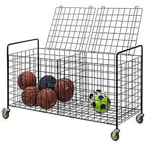 MyGift X-Large Capacity Black Metal Sports Ball and Gym Equipment Storage Rolling Cart with 2 Compartments, Lock Latch and Heavy-Duty Locking Caster Wheels, Garage Ball and Gear Organizer Holder