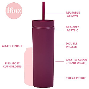 Essasea Matte Burgundy Tumblers with Lids and Straws.16oz Skinny Tumblers Bulk.Double Walled Plastic Acrylic Pastel Tumblers Cups for Iced Coffee Smoothie.DIY Silm Tumblers.