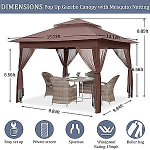 yoyomax 13X13 Outdoor Pop Up Gazebo with Netting, Portable Gazebo Waterproof Patio Canopy Shelter with Double Roof Tops and 169 Square Feet of Shade for Beach Parties, Camping and Picnics - Brown