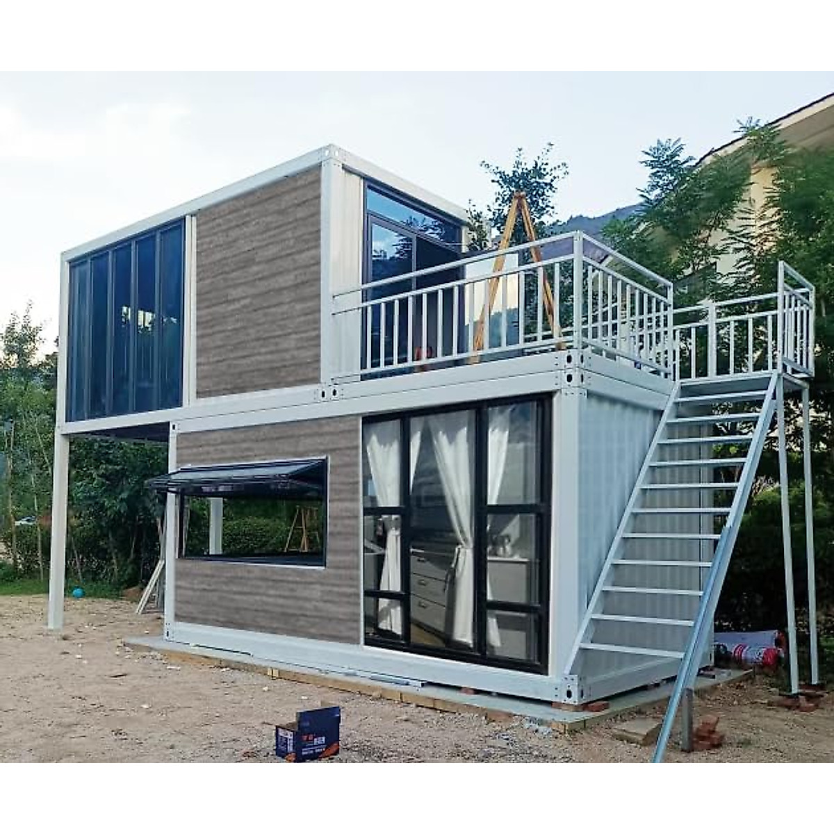 2 Room Container Houses Two-Story Villas Prefab Tiny Homes to Live in for Adults Mini Foldable Mobile Home Modular Guest Homes kit casas prefabricadas para Vivir, with Stair Terrace guardrail