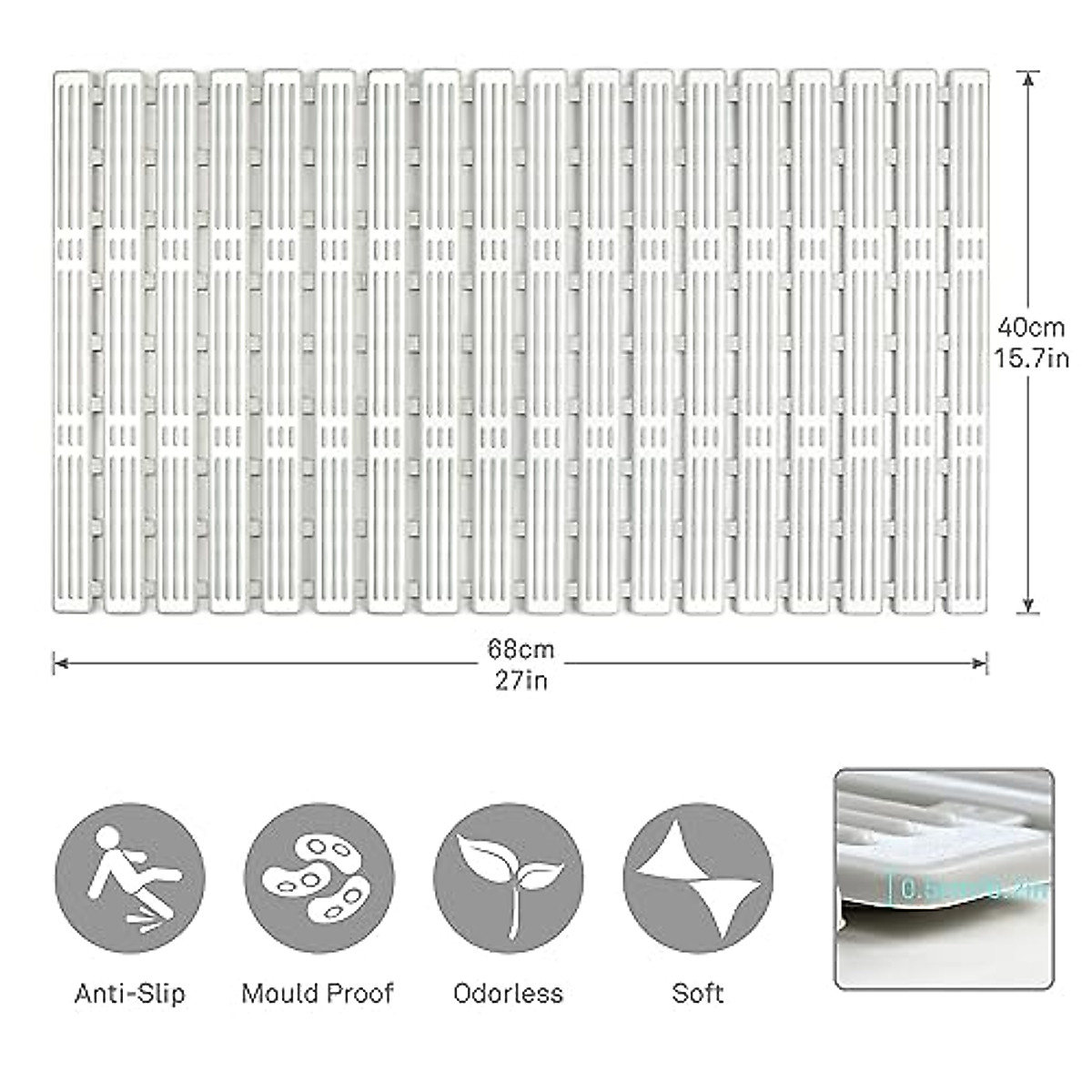 Qidordour Shower Mats Non Slip Bath Mat for Tub, 27 x 15.7 Inch Long Bath Tub Mat with Suction Cups and Drainage Holes, Anti Slip Bathtub Mats for Inside Shower Stall Tray Bathroom Floor, Light Grey