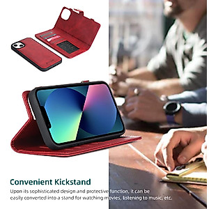 Misscase Compatible with iPhone 13 Wallet Case 2021,Multi-Function Wallet Case,2 in 1 Detachable Magnetic Wallet Case with Card Holder,PU Leather Flip Cover with Lanyard,13 Card Slots Red